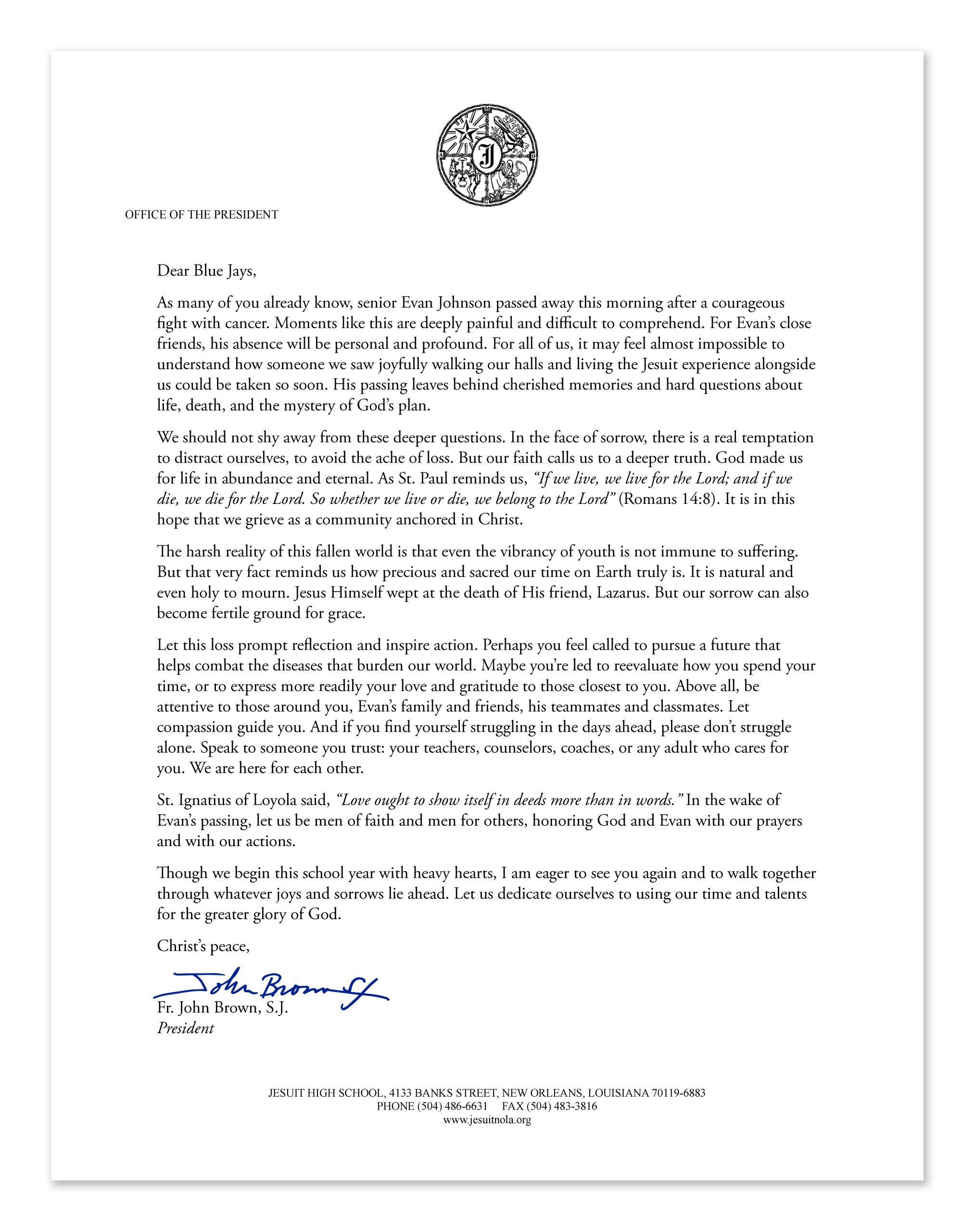 Jesuit Mourns Passing of Rising Senior Evan Johnson | Jesuit High ...